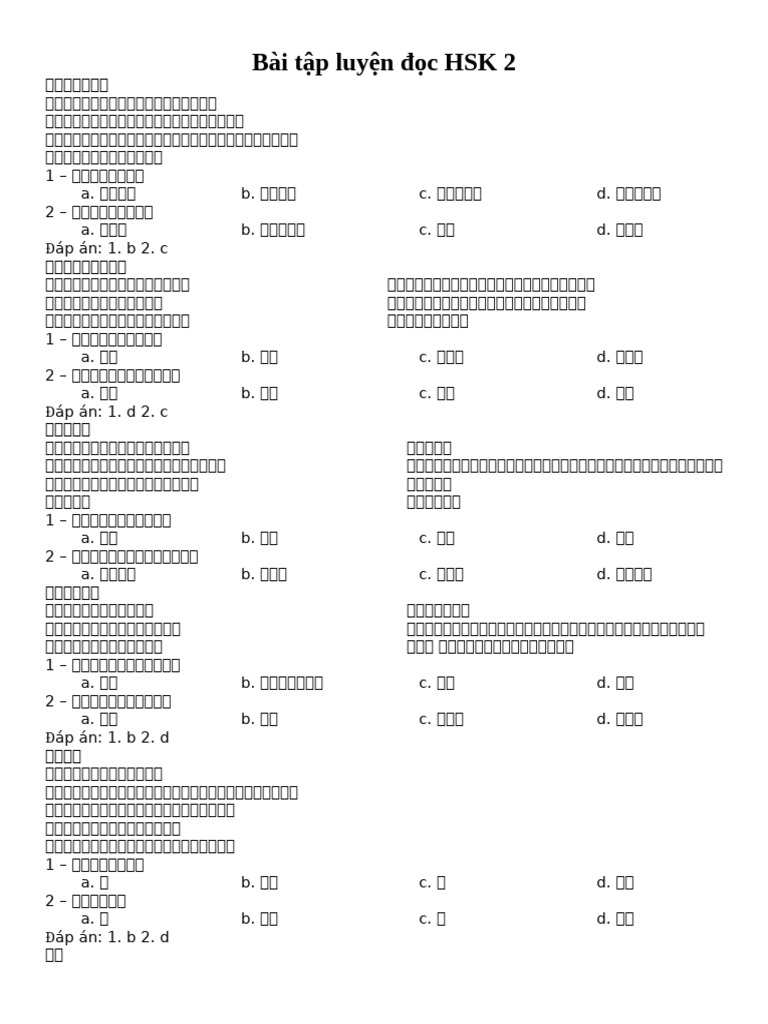 Bài Tập Luyện Đọc HSK 2 | PDF