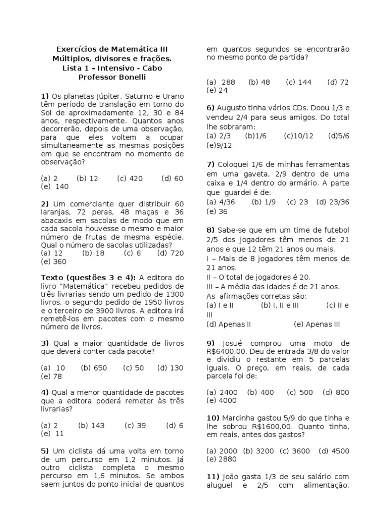 Exercícios De Múltiplos Divisores Mmc Mdc E Frações