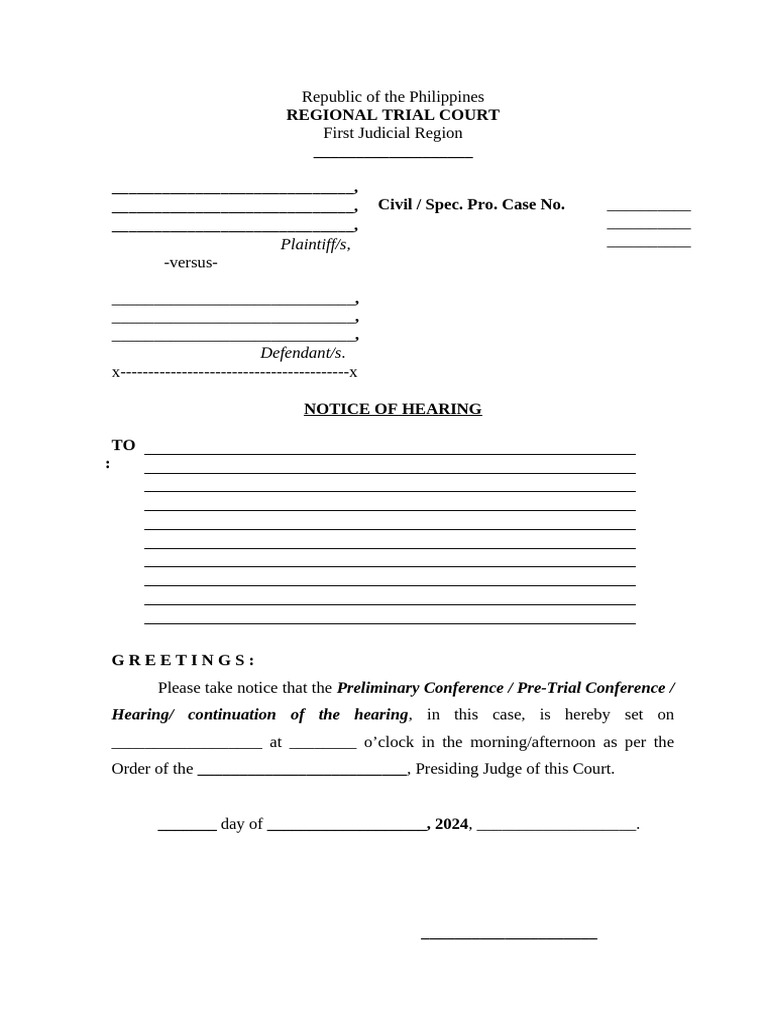 Notice of Hearing - Civil - Spec Pro Case - Blank | PDF