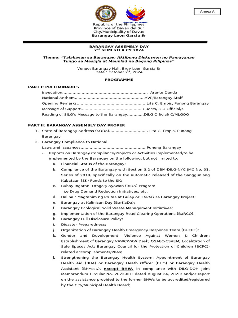 Barangay Assembly Day 2024 Program | PDF | Science & Mathematics