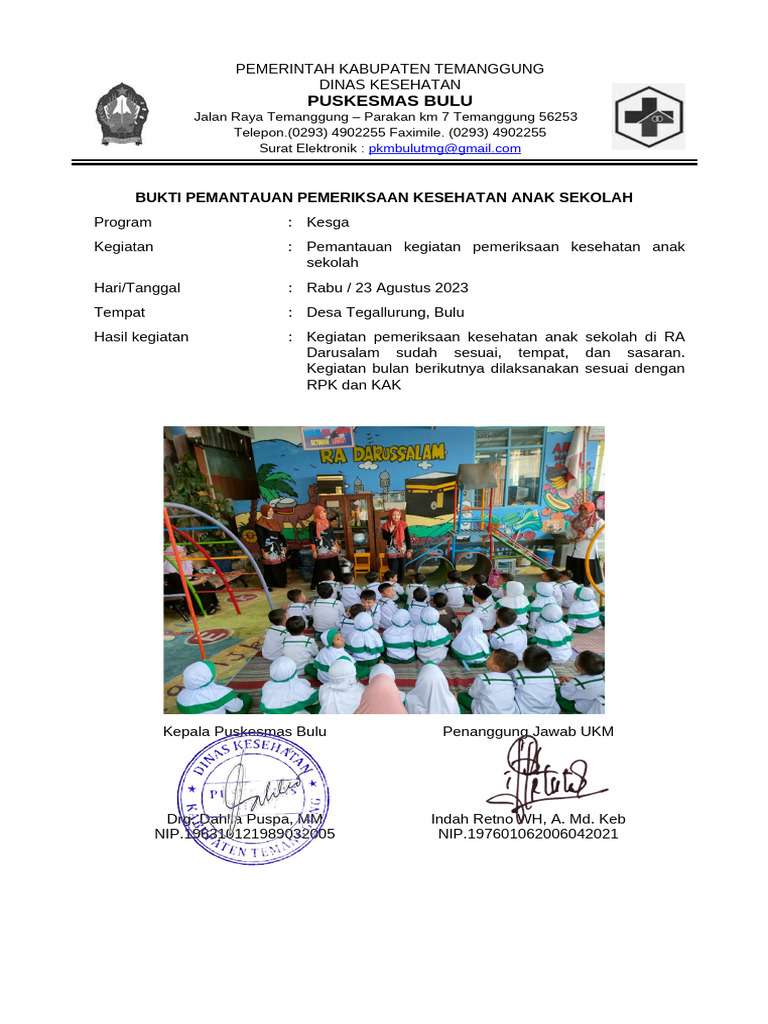 Bukti RTL Pemantauan Pemeriksaan Anak Sekolah | PDF