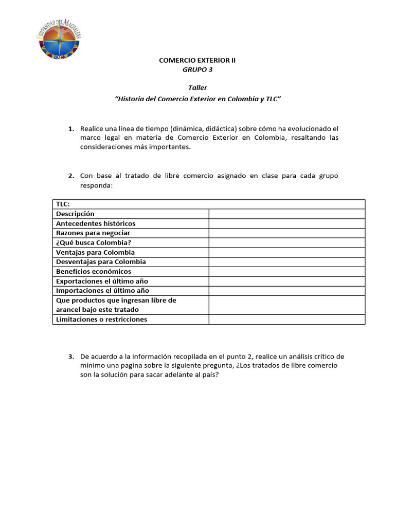 Taller - Historia Del C. Exterior en Colombia y TLC | PDF | Negocios | Finanzas y administración ...