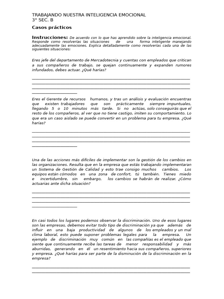 Casos Prácticos Intel - Emoc - Ficha 3ero | PDF | Las emociones | Inteligencia emocional