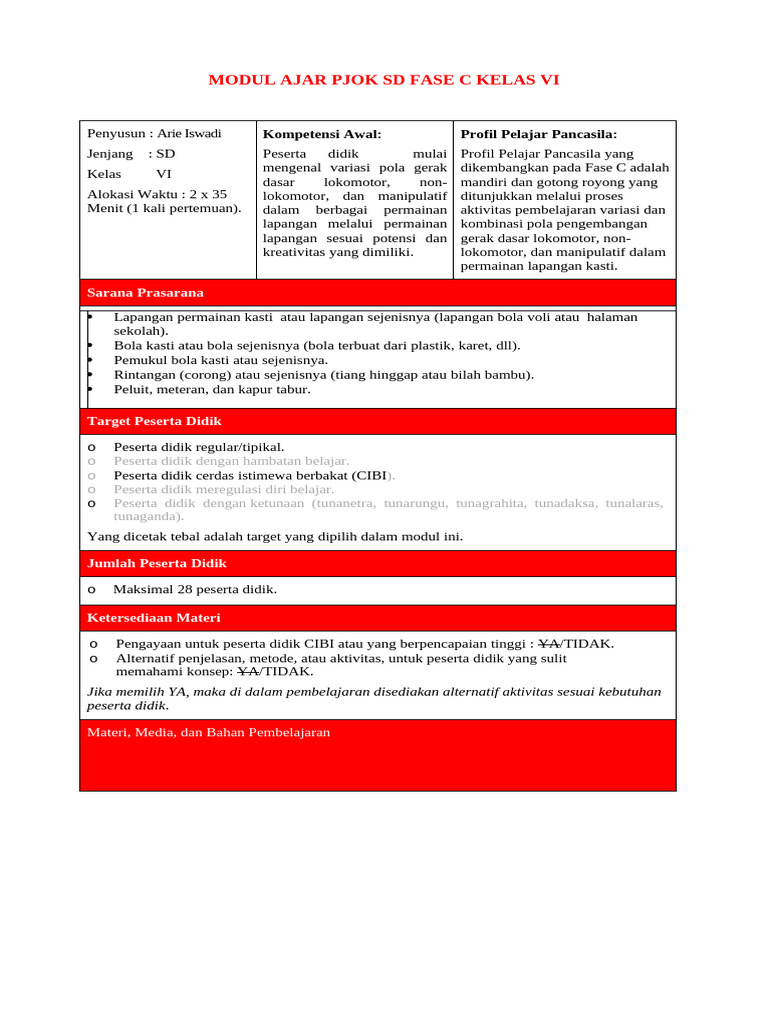 03 Pjok Modul Ajar Fase C Kelas 6 Kasti . | PDF | Seni