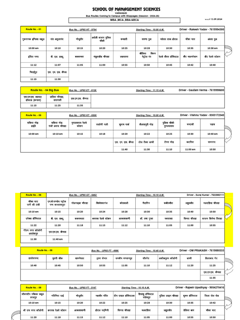 Varanasi Campus Bus Routes 2024-25 | PDF