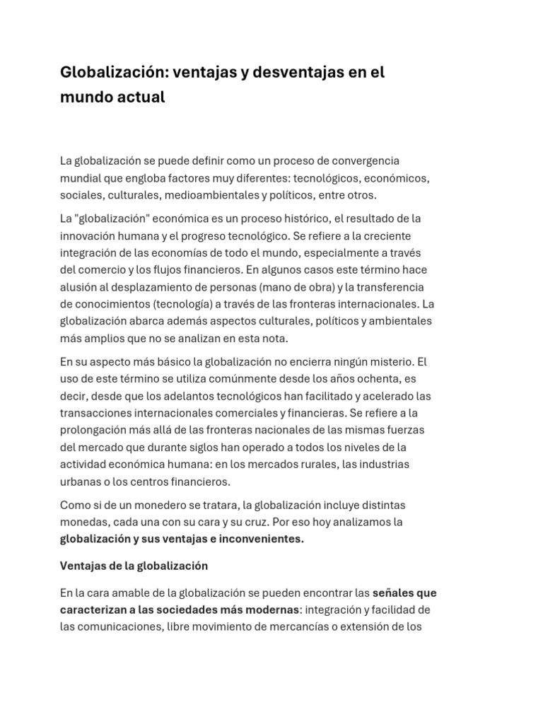 Globalización Ventajas y Desventajas en El Mundo Actual | PDF | Globalización | Desempleo