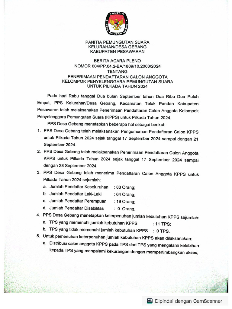 BA Pendaftaran KPPS Desa Gebang | PDF
