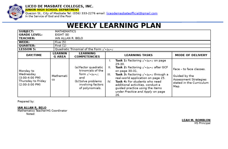 Weekly-Learning-Plan q1 w5 l5 | PDF | Factorization | Mathematics