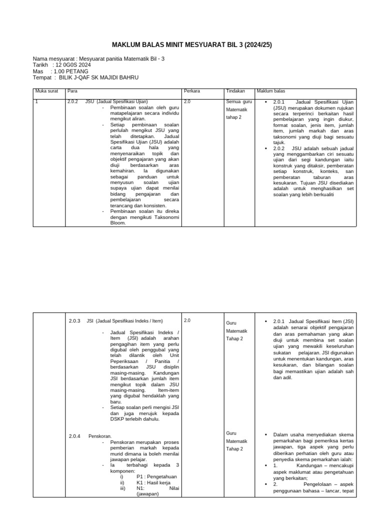 2024-MAKLUM BALAS MINIT MESYUARAT MT Bil 3 | PDF