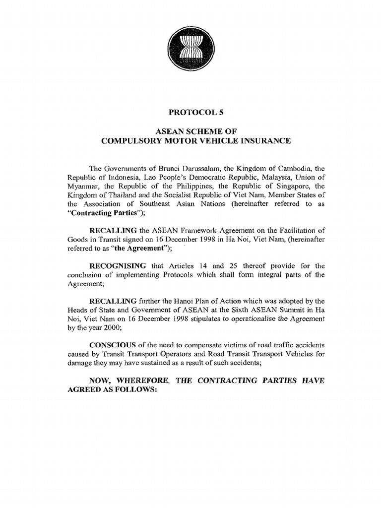 ASEAN Compulsory Motor Vehicle Insurance | PDF | Treaty | Vehicle Insurance