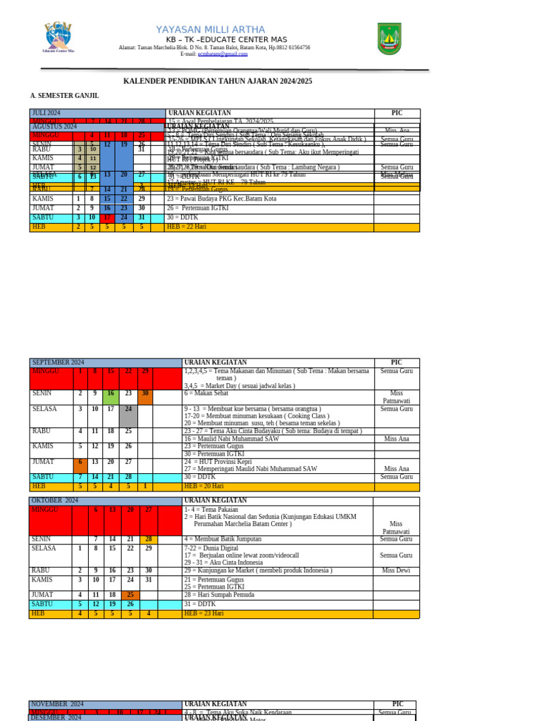 Kalender Pendidikan TK 2024/2025 | PDF