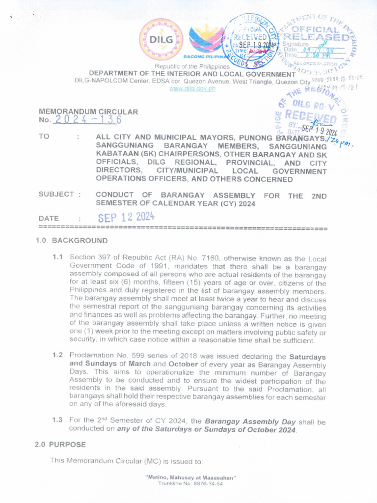 Dilg MC 2024 136 - 2ND Sem 2024 Brgy. Assembly | PDF
