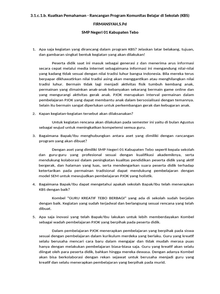 3.1.c.1.b. Kuatkan Pemahaman - Rancangan Program Komunitas Belajar Di Sekolah (KBS) | PDF | Ilmu ...