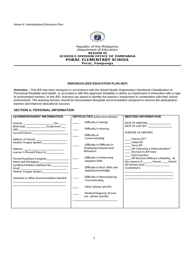 Annex-6 - Individualized Education Plan (IEP) | PDF | Individualized ...