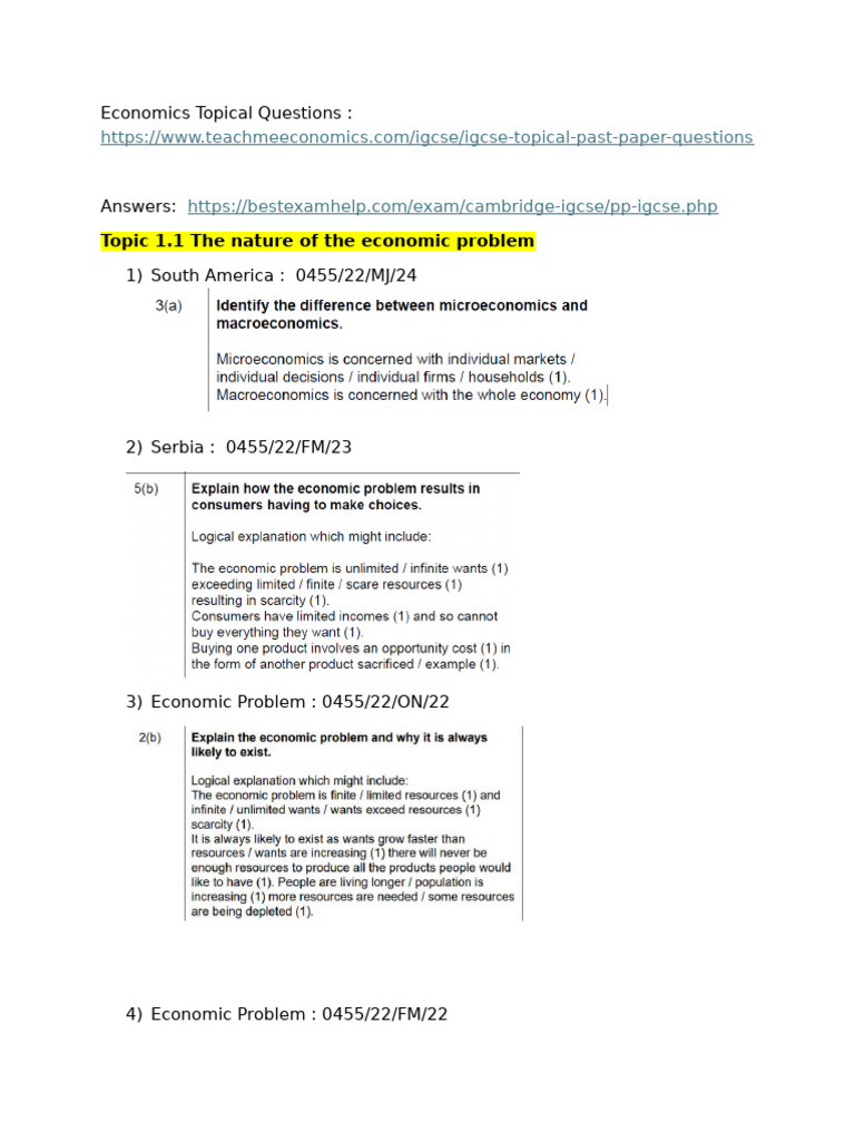 IGCSE Economics Topical Questions Unit 1 - Unit 2.6 | PDF ...