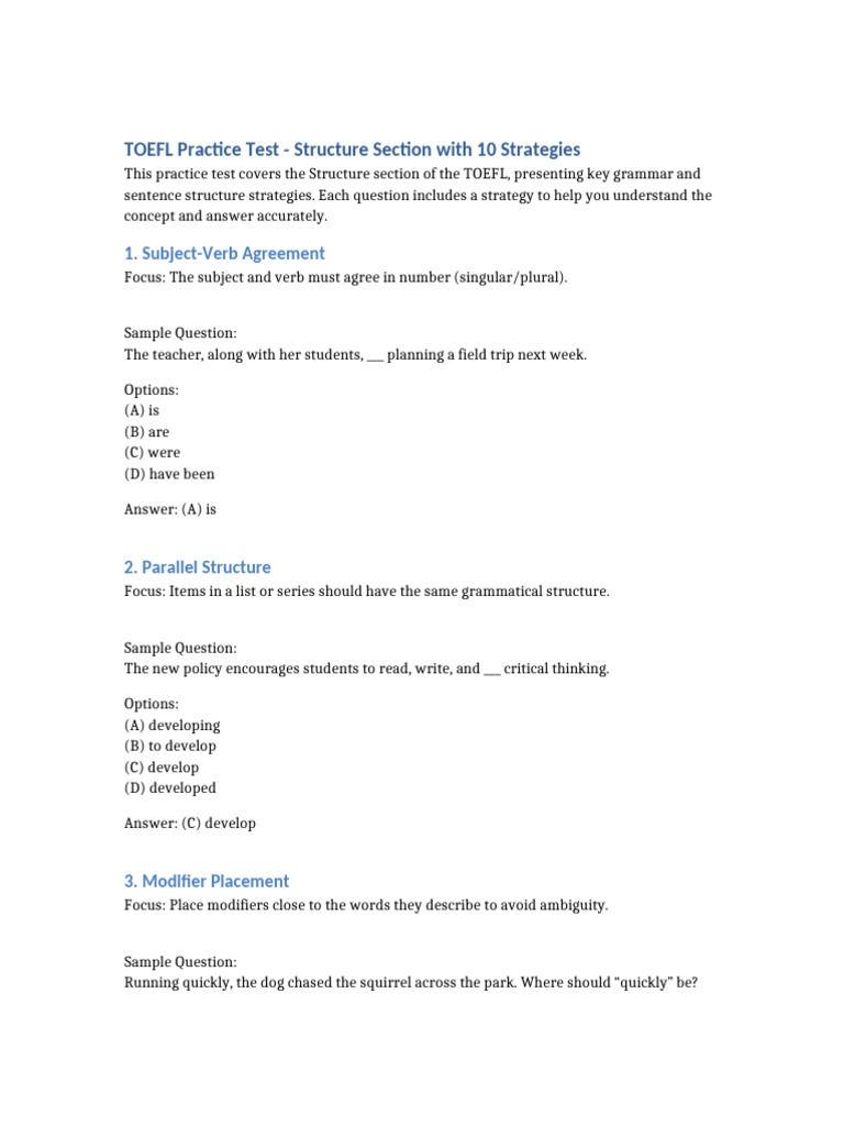 TOEFL Practice Structure Test 10 Strategies | PDF | Grammatical Number ...