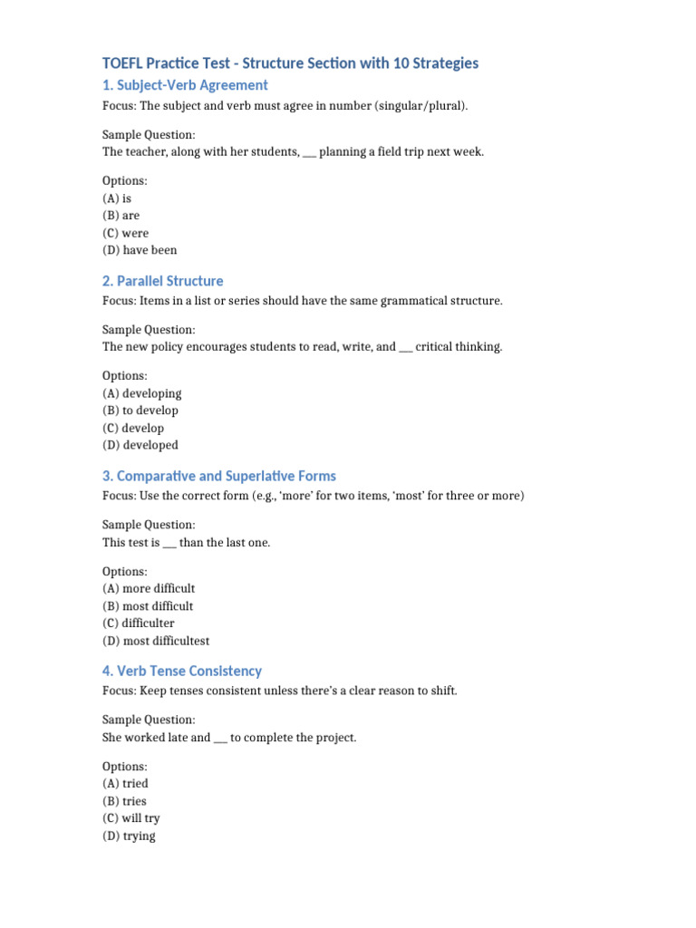 TOEFL Structure Test: 20 Practice Questions | PDF | Grammatical Number ...