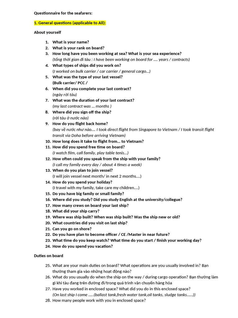 Questionnaire For The Seafarers - Updated List 2023.10 | PDF