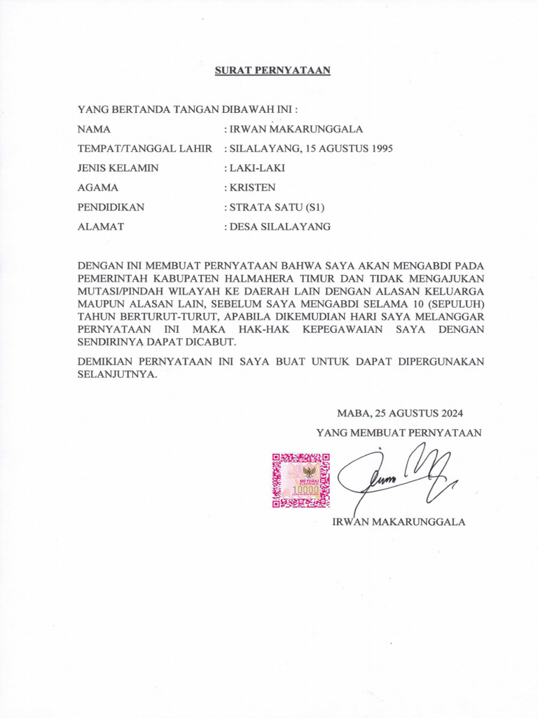 Surat Pernyataan 10 Tahun Mengabdi | PDF