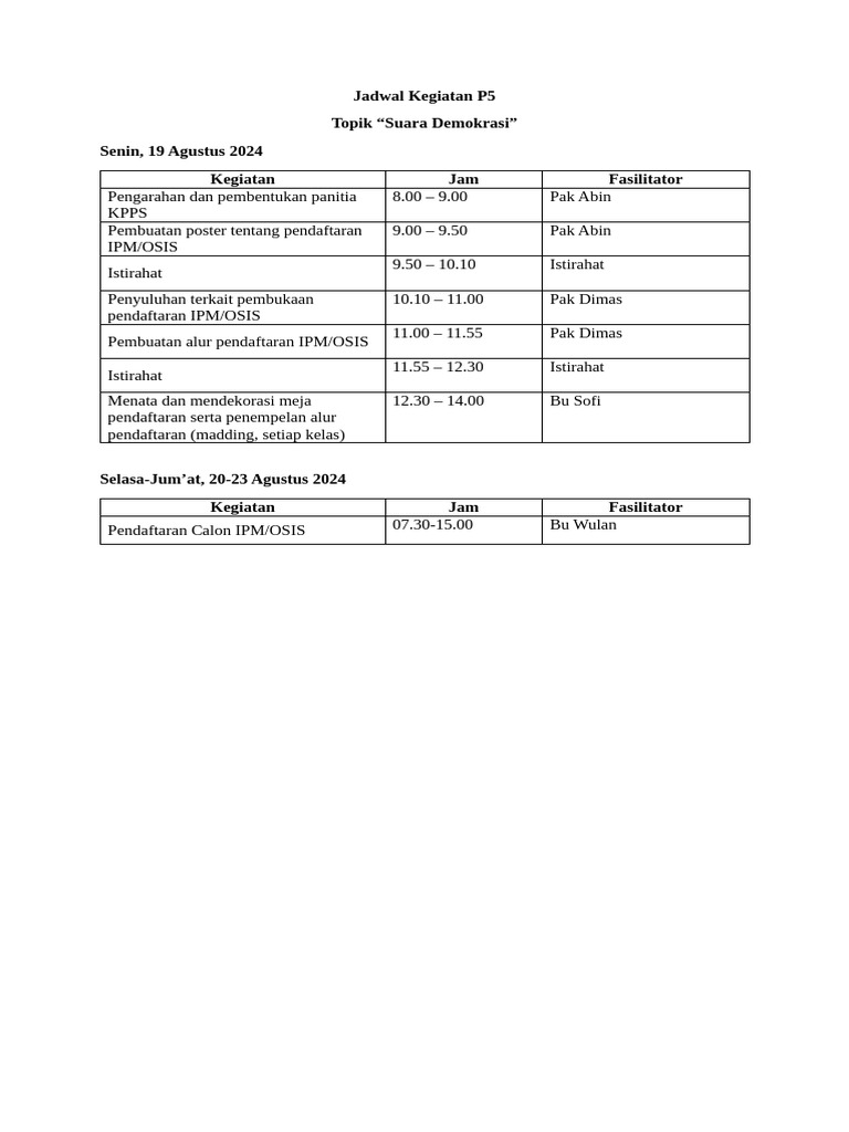 Jadwal Kegiatan P5 SUARA DEMOKRASI | PDF | Karier & Perkembangan