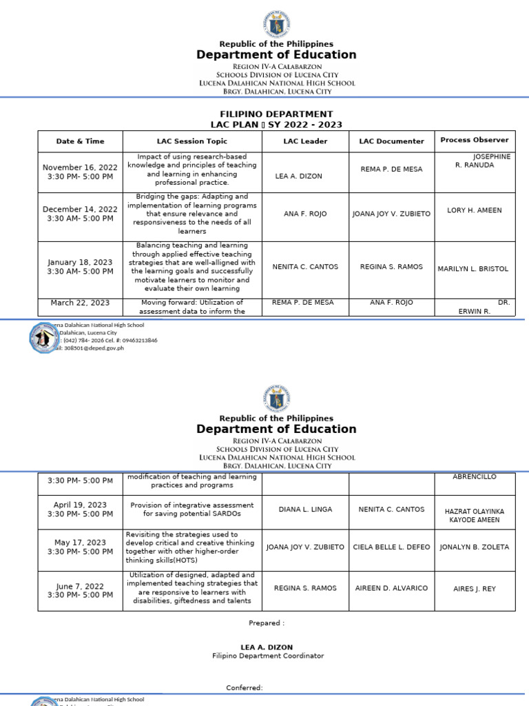 Filipino Dept. Lac Plan Sy2022 2023 | PDF | Cognitive Science ...