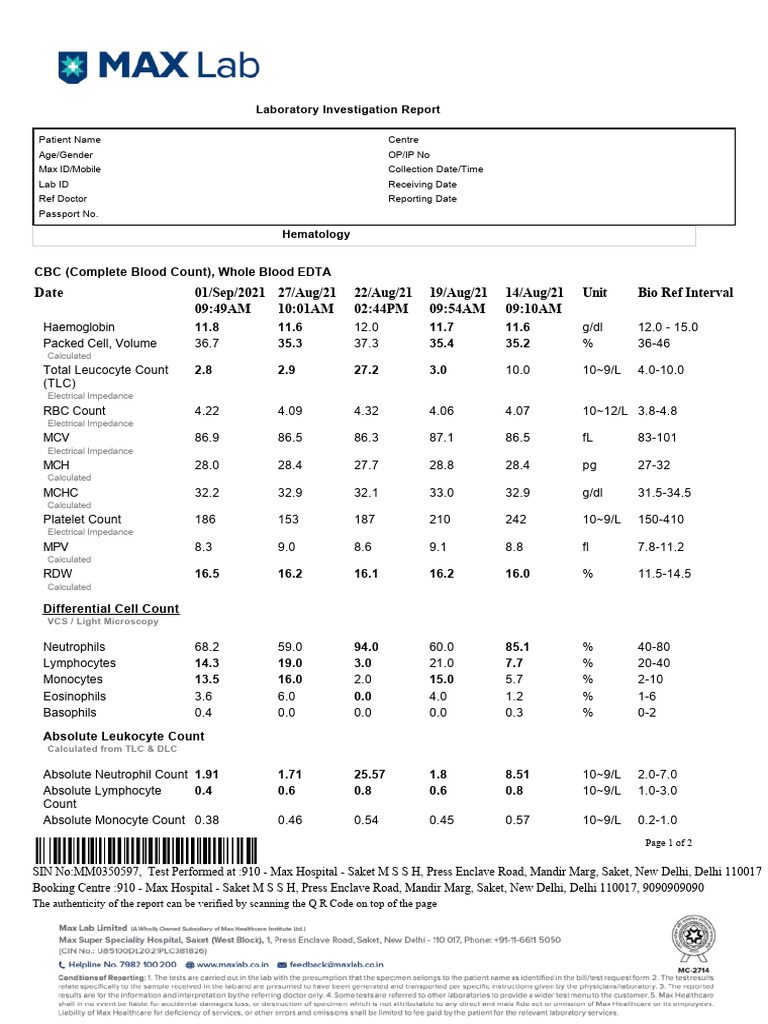 CBC (Complete Blood Count), Whole Blood EDTA - 6085 | PDF | Clinical ...