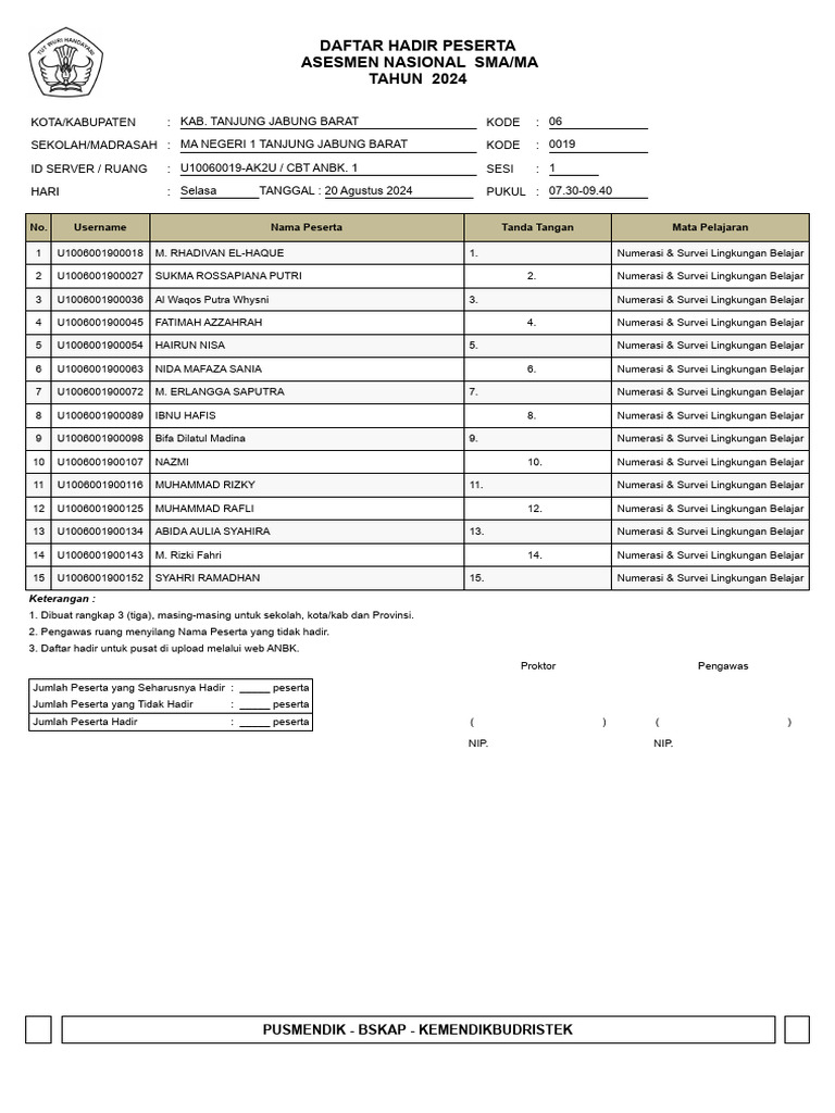 Daftar Hadir H 2 | PDF
