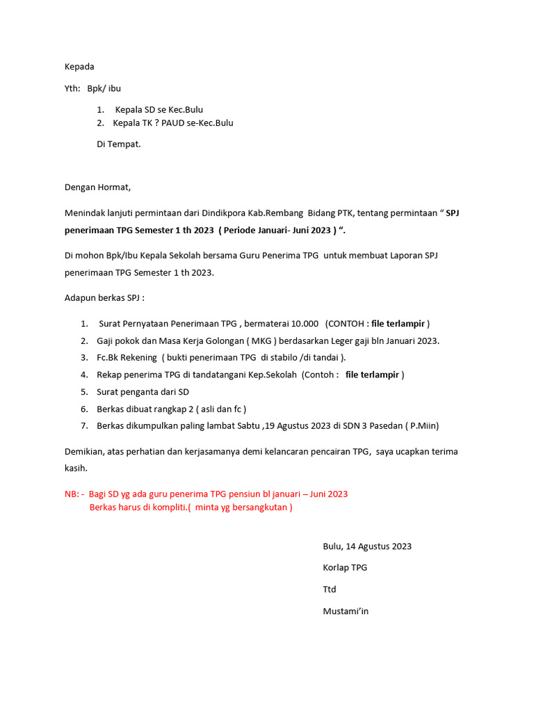 Surat Permintaan SPJ Penerimaan TPG SMT 1 - 2023 | PDF