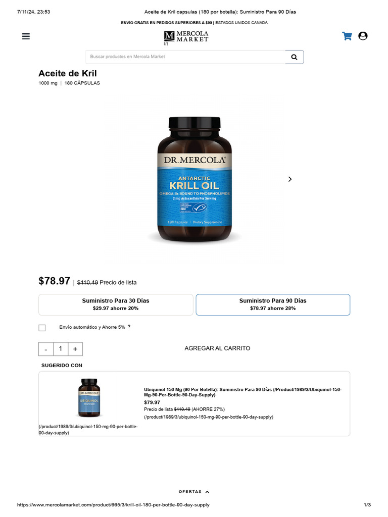 Aceite de Kril Capsulas (180 Por Botella) - Suministro para 90 Días ...