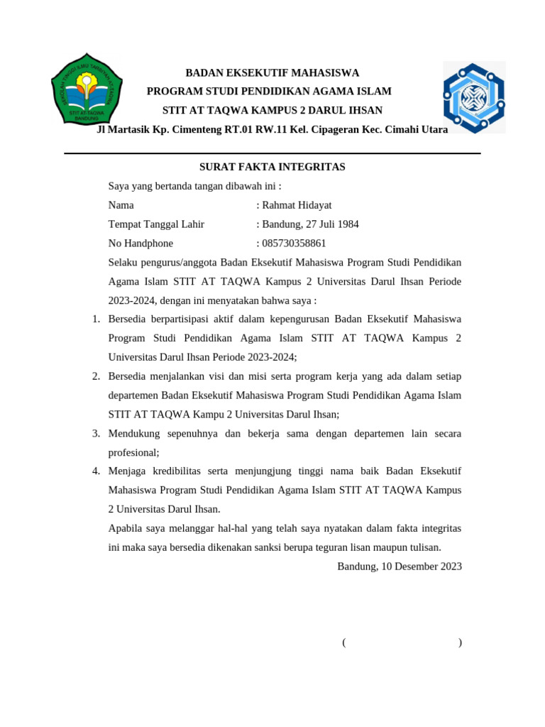 Surat Integritas Bem 1 | PDF