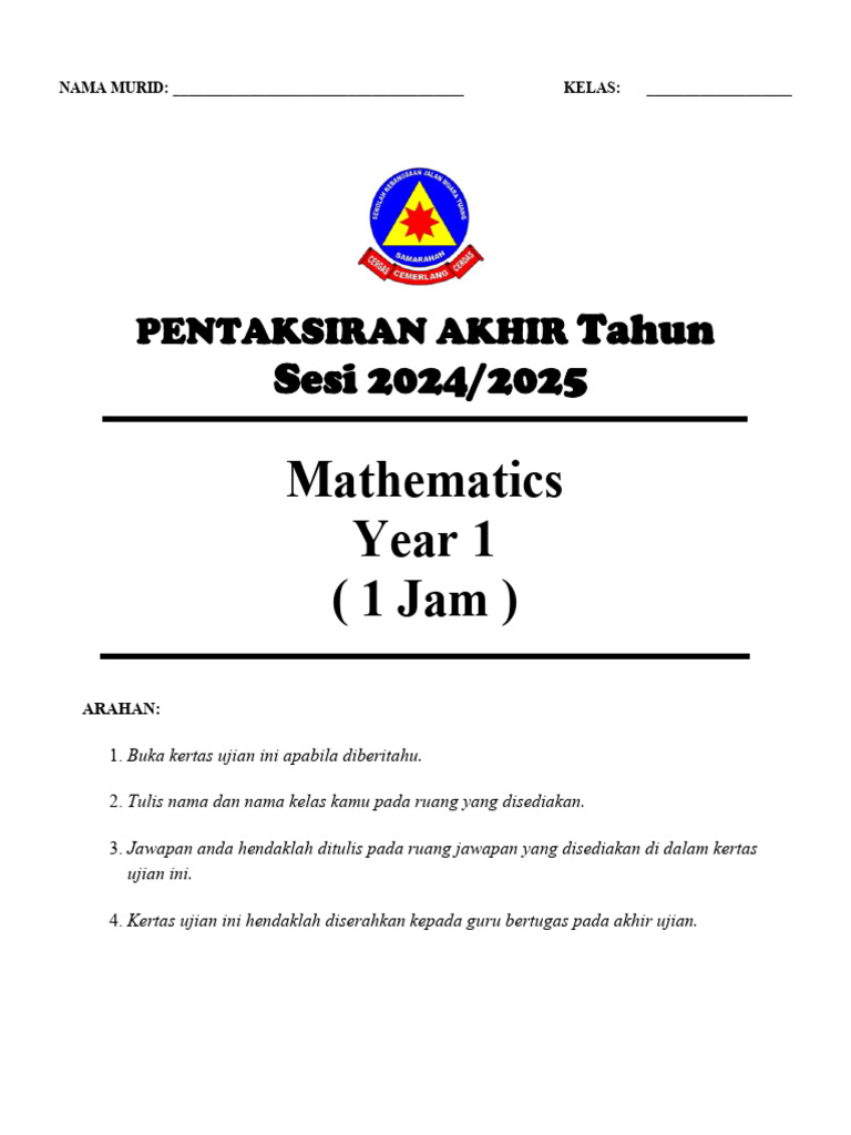 Pentaksiran Akhir Tahun Mathematics Year 1 | PDF | Mathematics