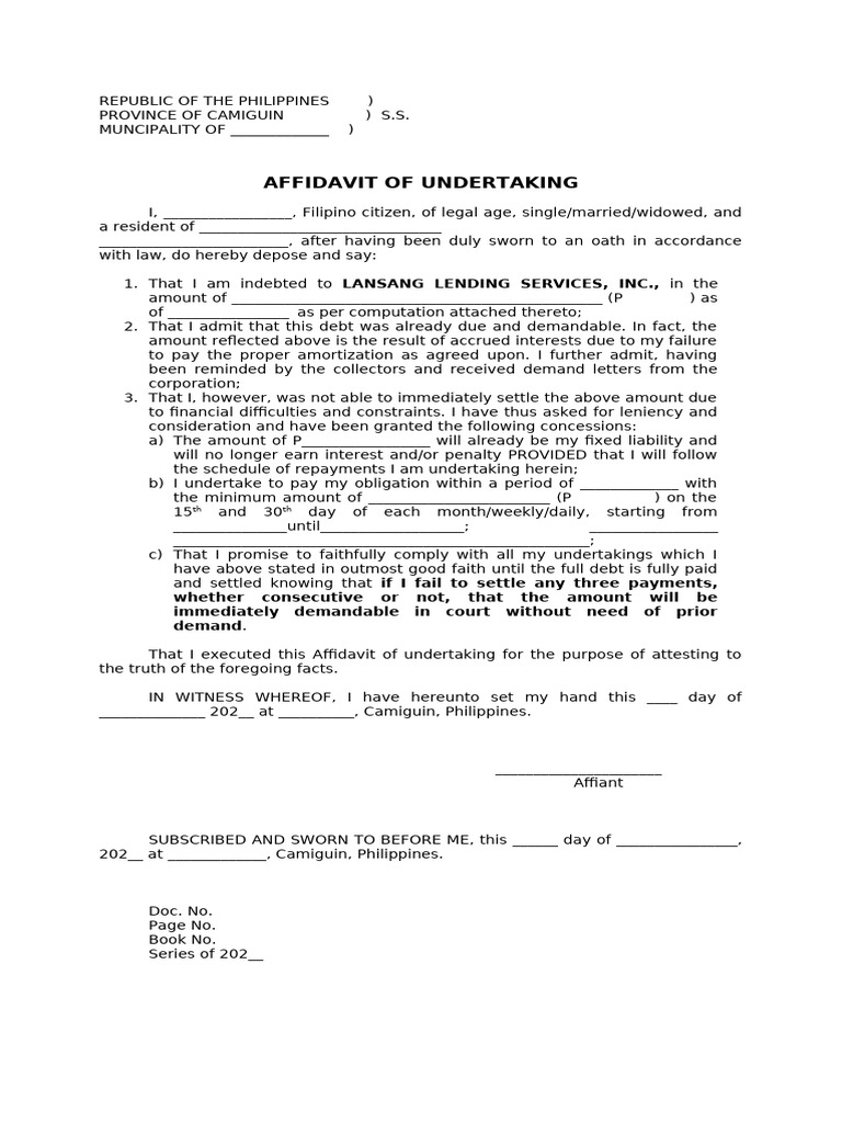 Affidavit of Undertaking Form | PDF | Affidavit | Personal Finance