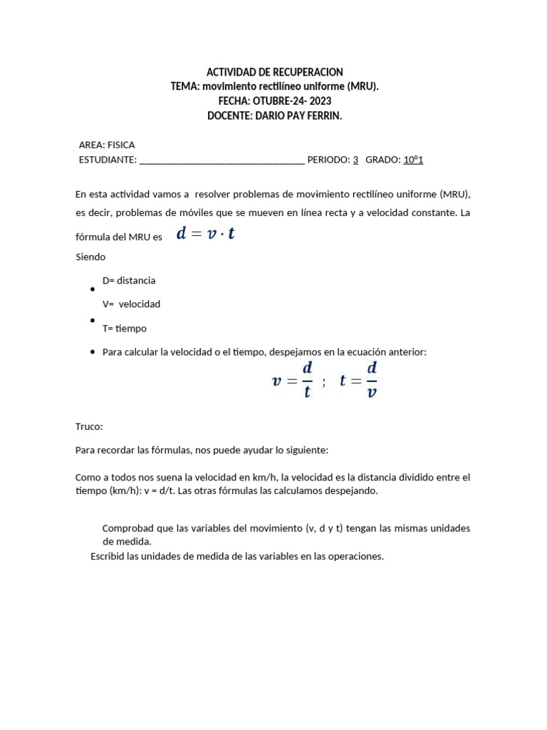 Cuestionario Acividad de Recuperacion Mru - Octubre 24-2023 - Tercer Periodo | PDF | Métodos y ...
