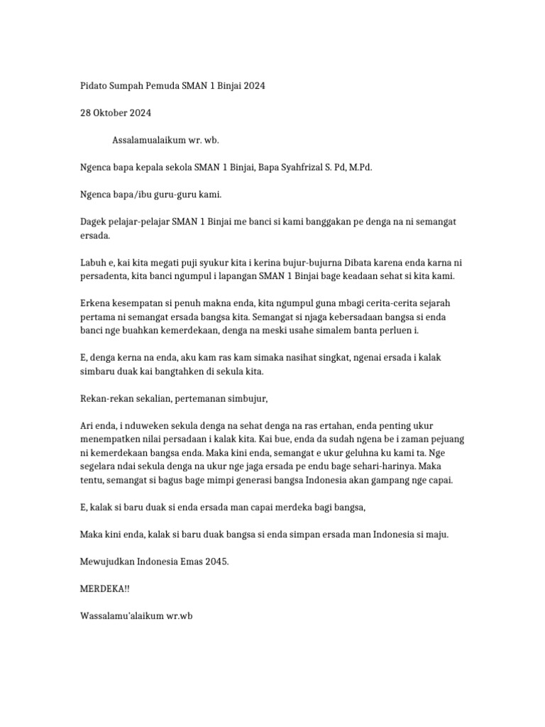 Pidato Sumpah Pemuda SMAN 1 Binjai 2024 Karo | PDF | Kesehatan Holistik