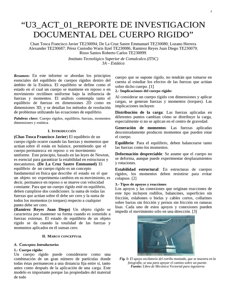 U3 - Act - 01 - Reporte Cuerpo Rigido | PDF | Fuerza | Esfuerzo de torsión