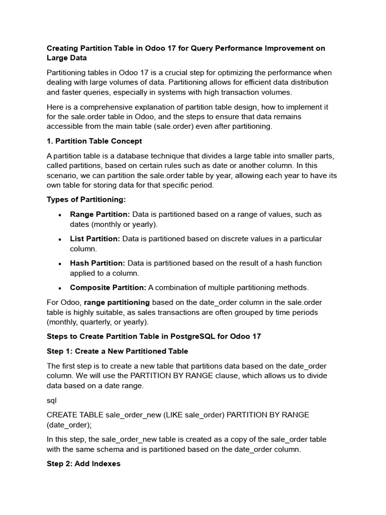 Odoo 17: Partition Tables for Performance | PDF | Database Index | Postgre Sql