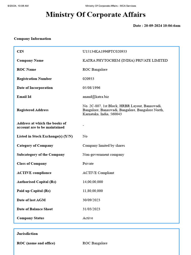 MCA Services Ason20092024 - Master Data | PDF