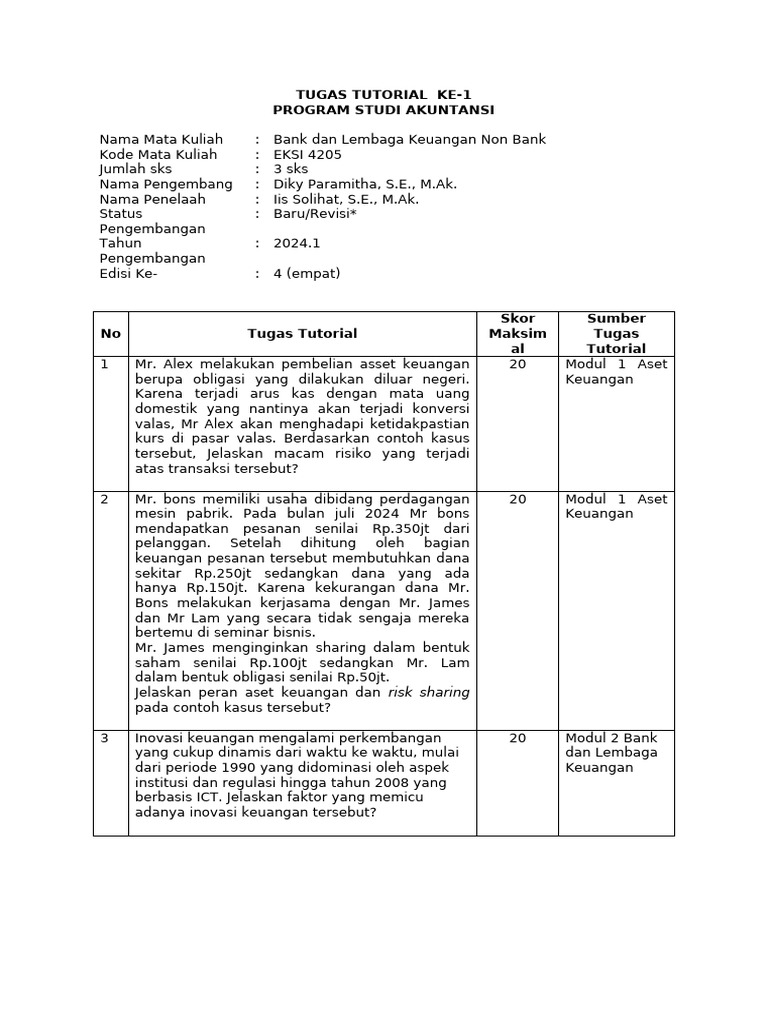 TUGAS TUTORIAL KE 1 Bank Dan Lembaga Keuangan Non Bank | PDF