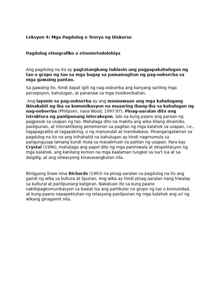 Leksyon 4 Mga Pagdulog o Teorya NG Diskurso | PDF