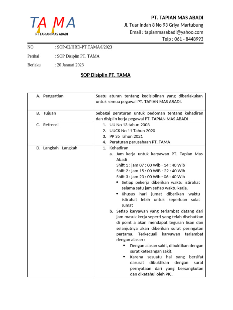 SOP Disiplin Karyawan PT Tapian Mas Abadi | PDF