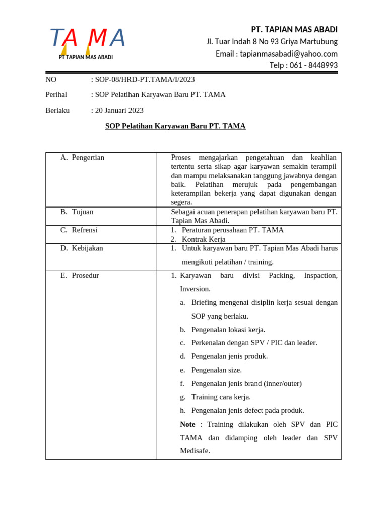 SOP Pelatihan Karyawan Baru | PDF