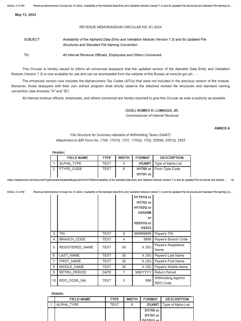 RMC 61-2024.pdf SAWT File Structure | PDF | Internal Revenue Service ...