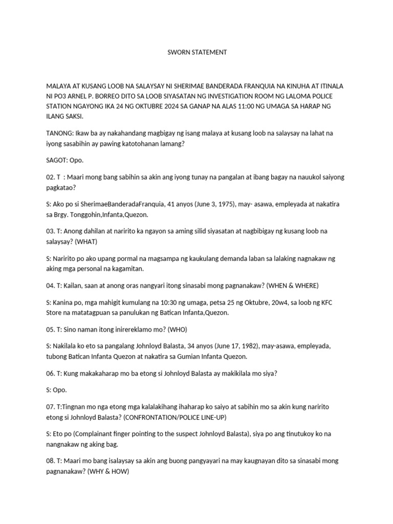 Sworn Statement-Wps Office | PDF | Affidavit | Criminal Law