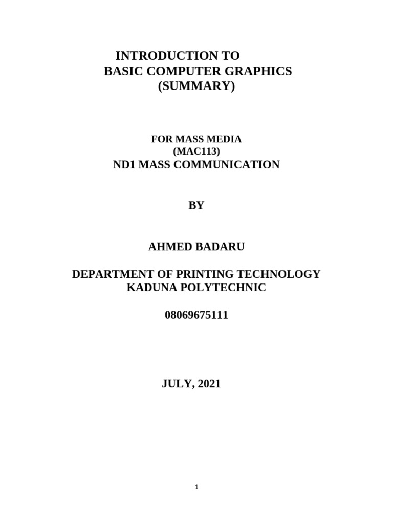 COMPUTER GRAPHICS Summary Note nd1 .... - 1 | PDF | Operating System | Computer Hardware