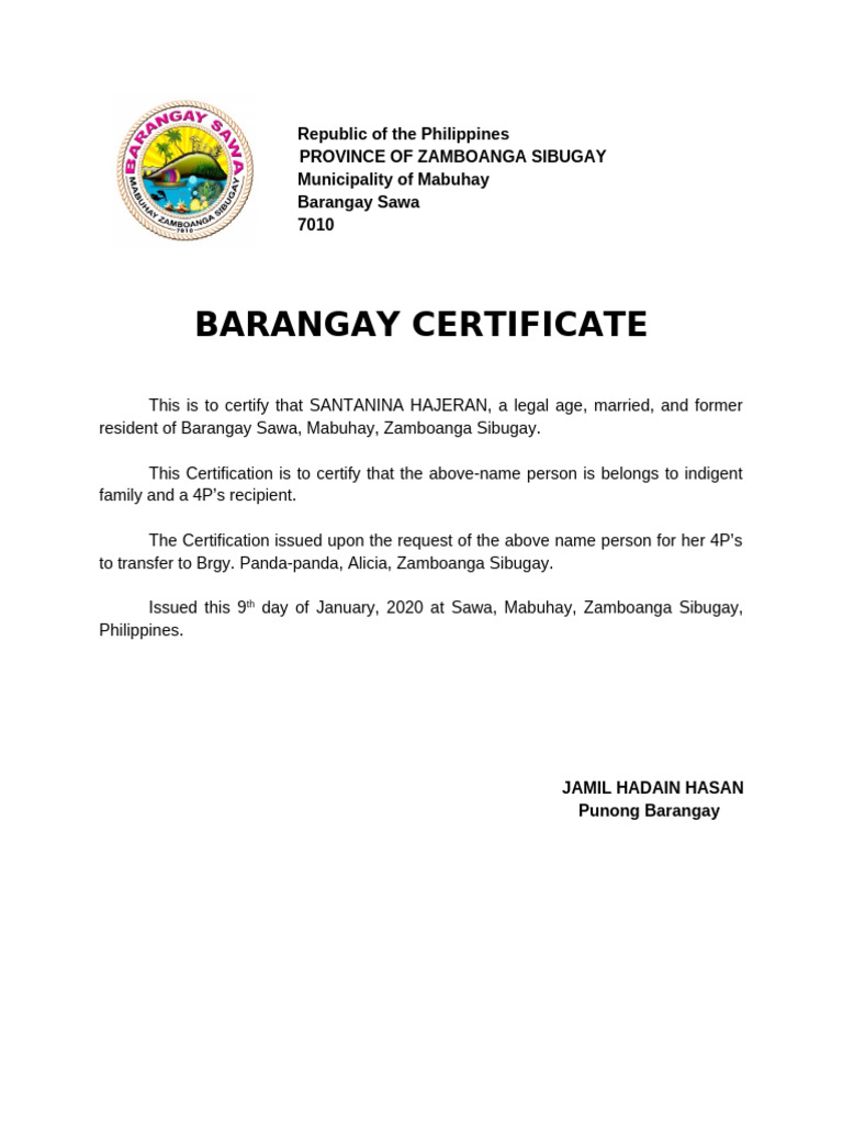 Barangay Certification for 4Ps Transfer | PDF