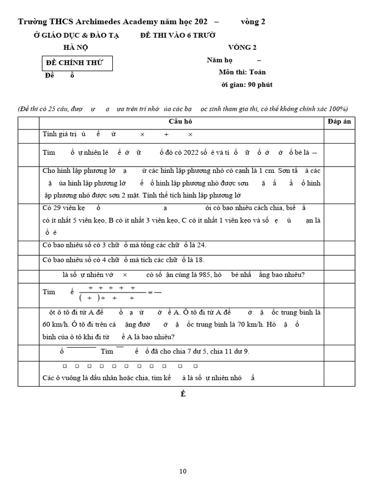 De Thi Vao 6 Mon Toan Truong THCS Archimedes Academy Nam Hoc 2023 - 2024 Vong 2 | PDF