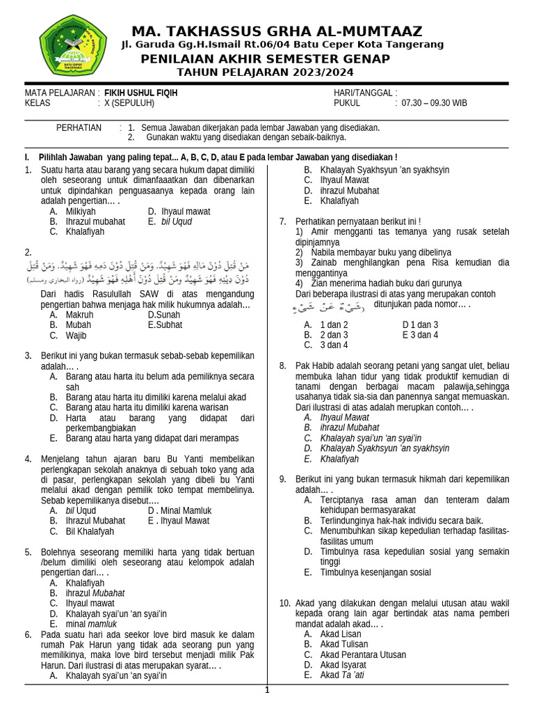 Soal PTS Fiqih Kelas X | PDF