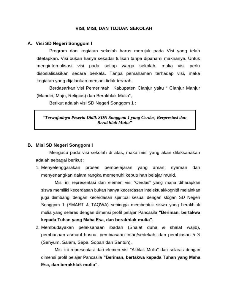 Visi, Misi & Tujuan SDN Songgom 1 | PDF