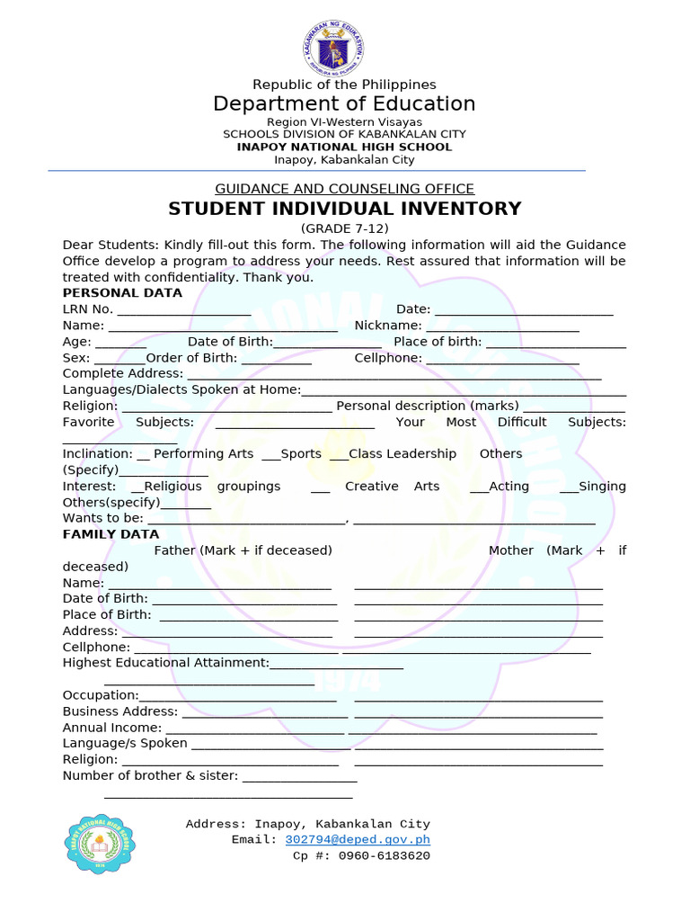 Students Individual Inventory | PDF