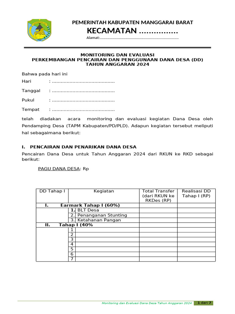 Form Monev DD 2024 - TPP | PDF | Pengelolaan Keuangan & Uang